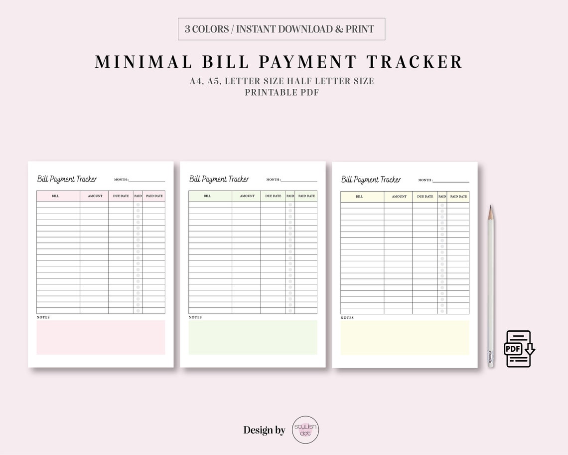 Printable Bill Payment Tracker, Easy to Use. Minimal Design. Comes in 3 ...