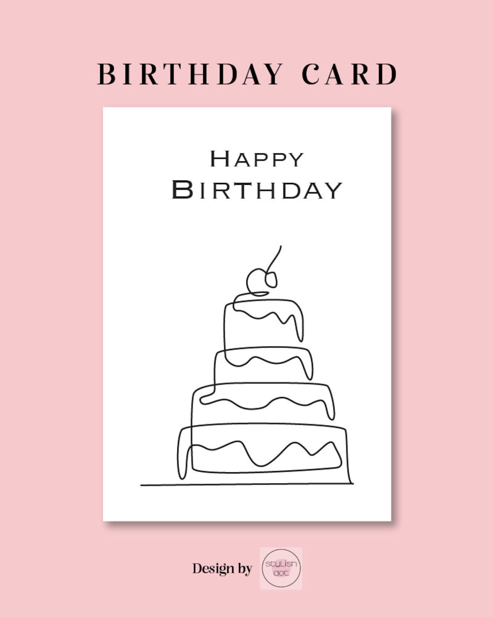 Happy Birthday Minimal Line Art Digital Download Card - Etsy
