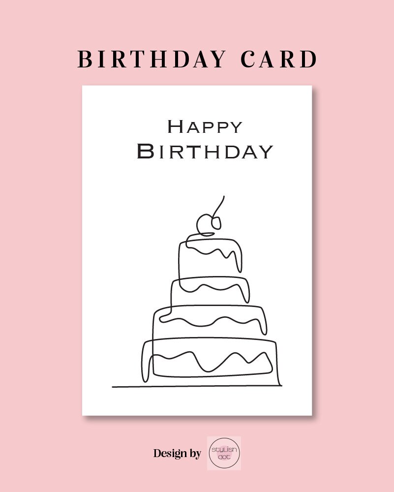 Happy Birthday Minimal Line Art Digital Download Card - Etsy