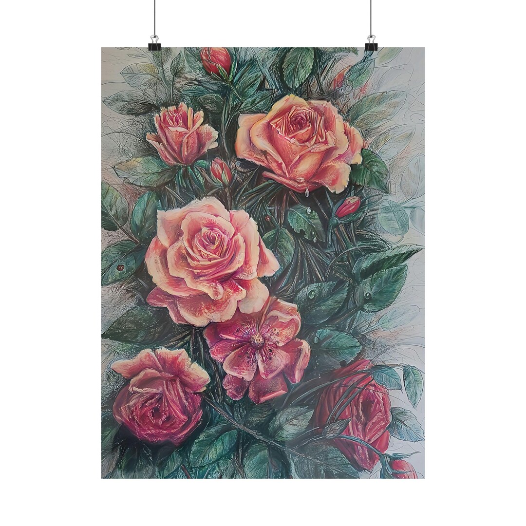 Botanical Rose Matte Vertical Poster Floral Wall Art Print, Colored ...