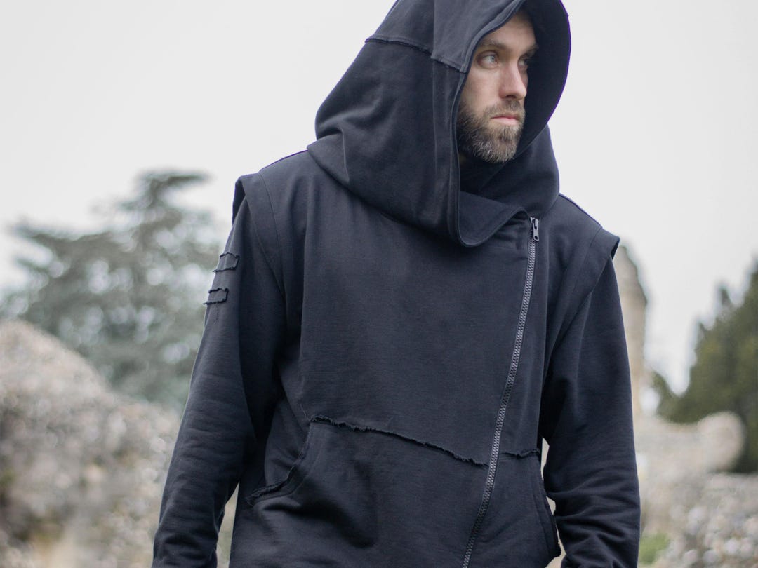 Arakion Men's Asymmetric Zip up Hoodie With Thumbholes, Dystopian Post ...