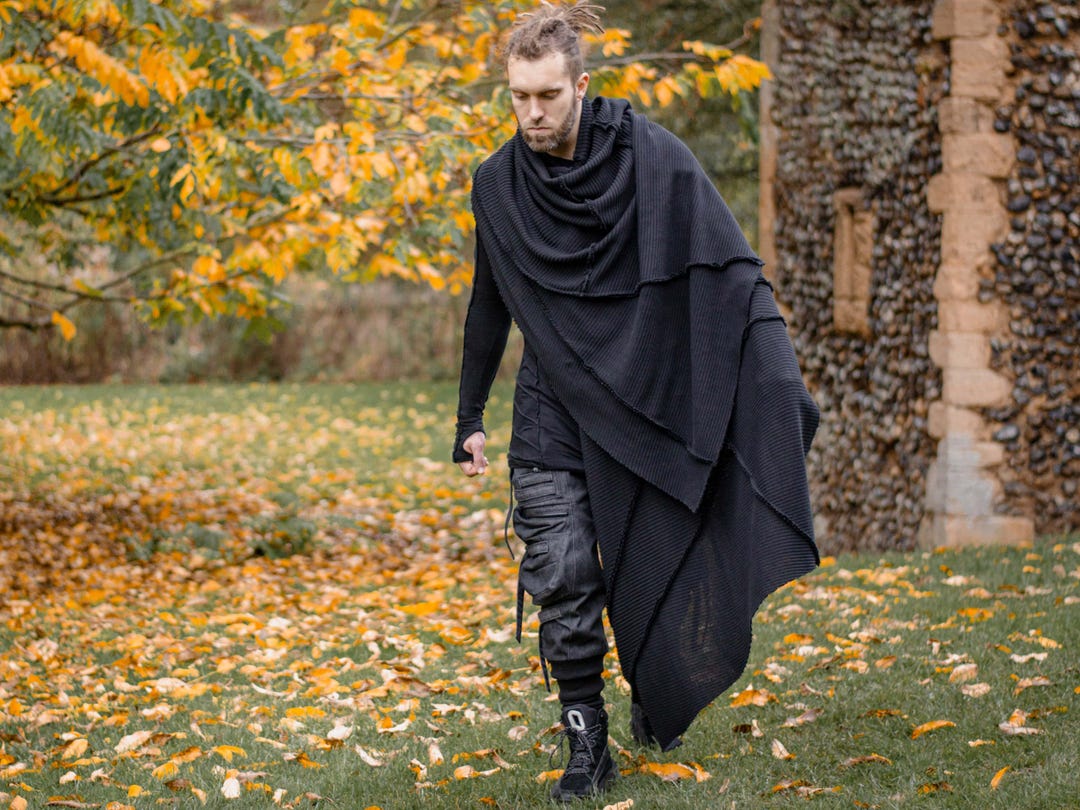 Athos Men's Oversized Chunky Knit Scarf, Black Avant Garde Shawl, Heavy ...