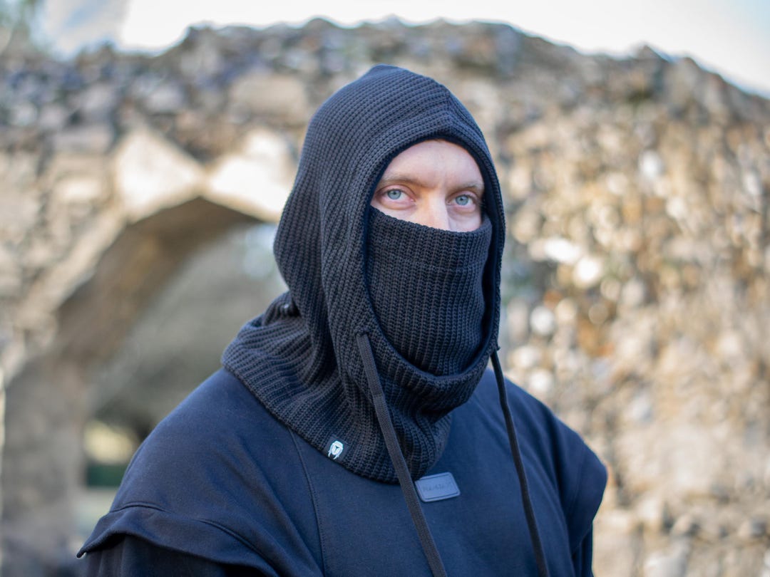 Athos Chunky Knit Balaclava Snood in Black, Head Warmer Hood for Winter ...
