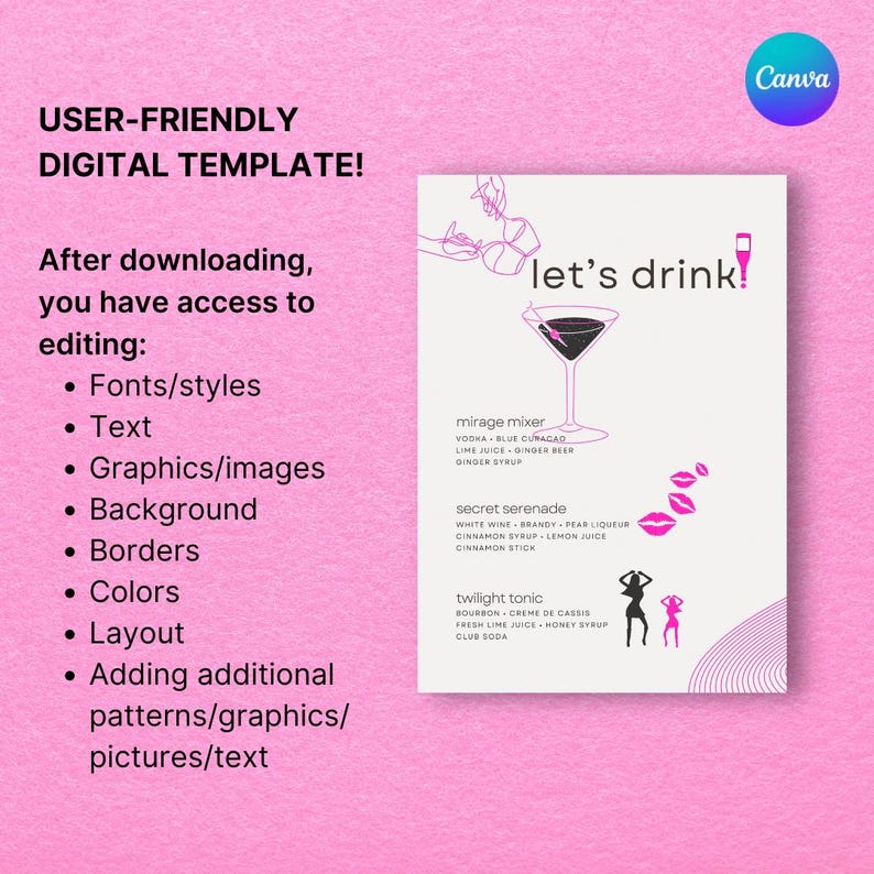 Bachelorette Party Bar Menu Template, Hot Pink Digital Bar Menu, Fun ...