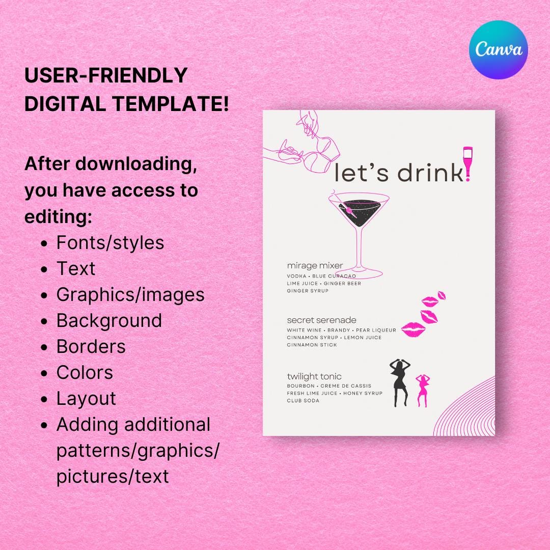 Bachelorette Party Bar Menu Template, Hot Pink Digital Bar Menu, Fun ...