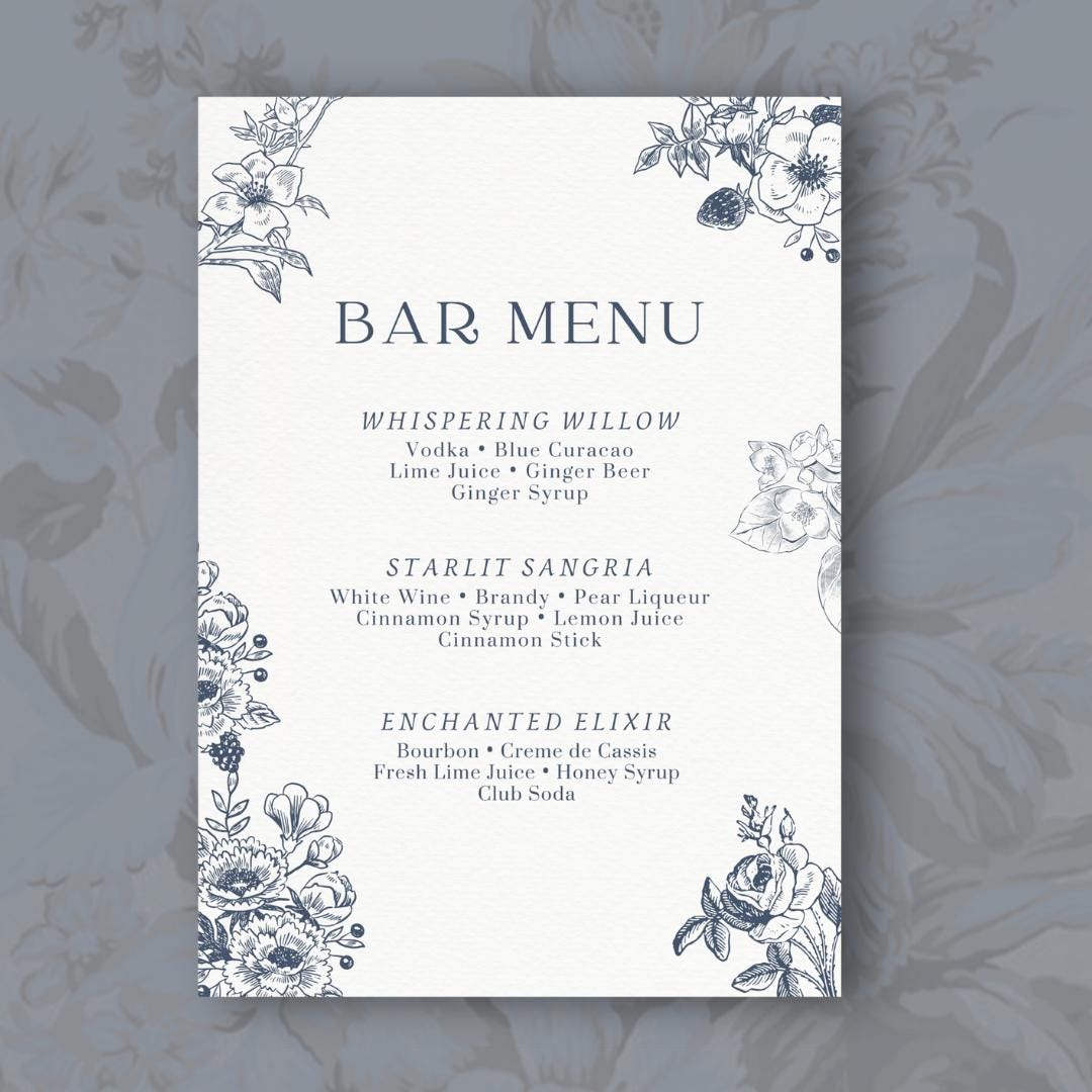 Bar Menu Template, Charming Floral Design, Elegant, for Wedding ...