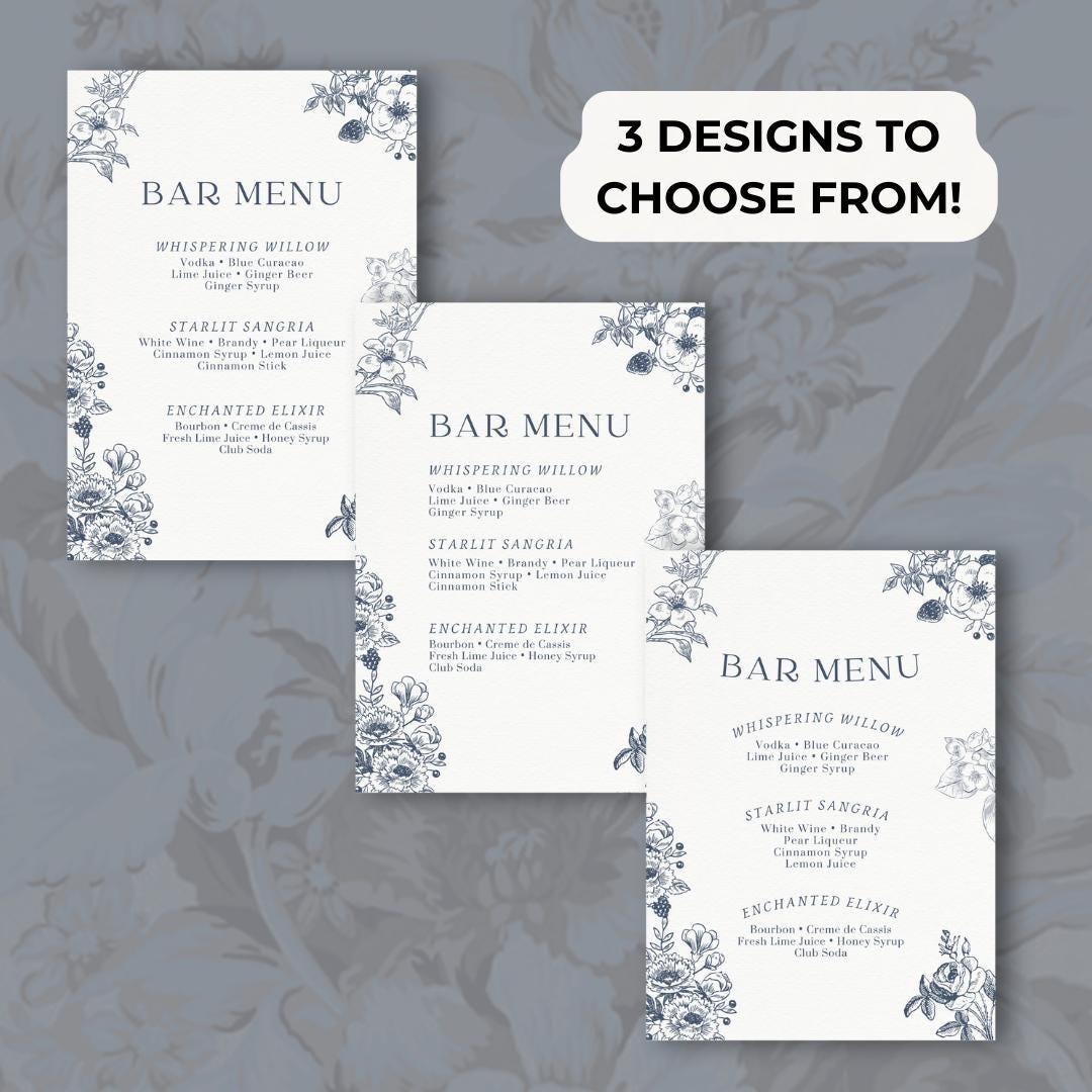 Bar Menu Template, Charming Floral Design, Elegant, for Wedding ...