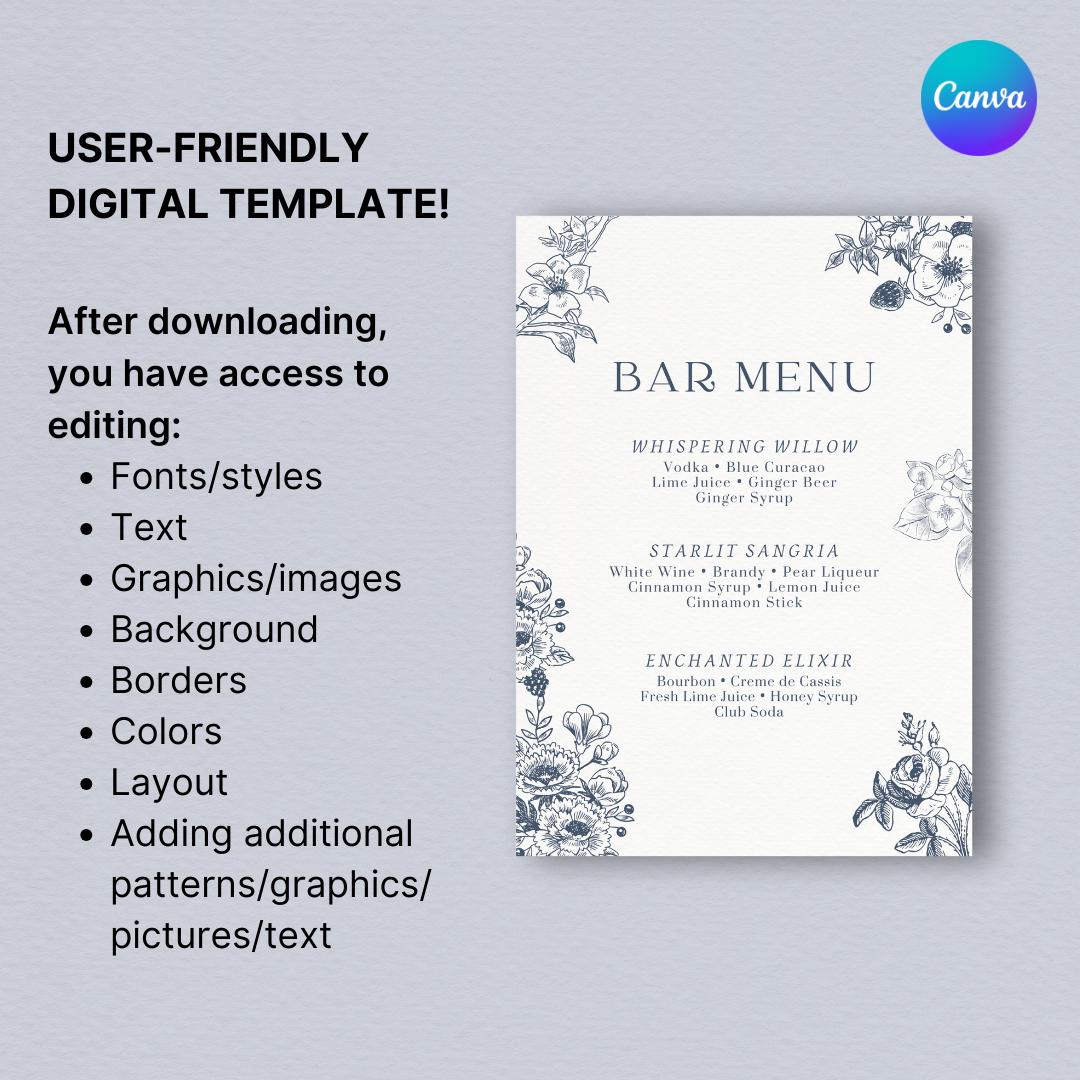 Bar Menu Template, Charming Floral Design, Elegant, for Wedding ...