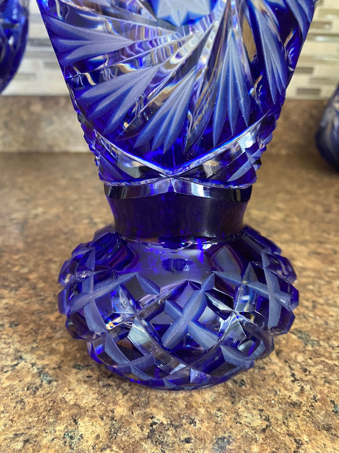 Vintage Heavy Bohemian Cobalt Blue Vase, Cut to Clear Crystal Vase, Pinwheel Pattern Cut Glass ...