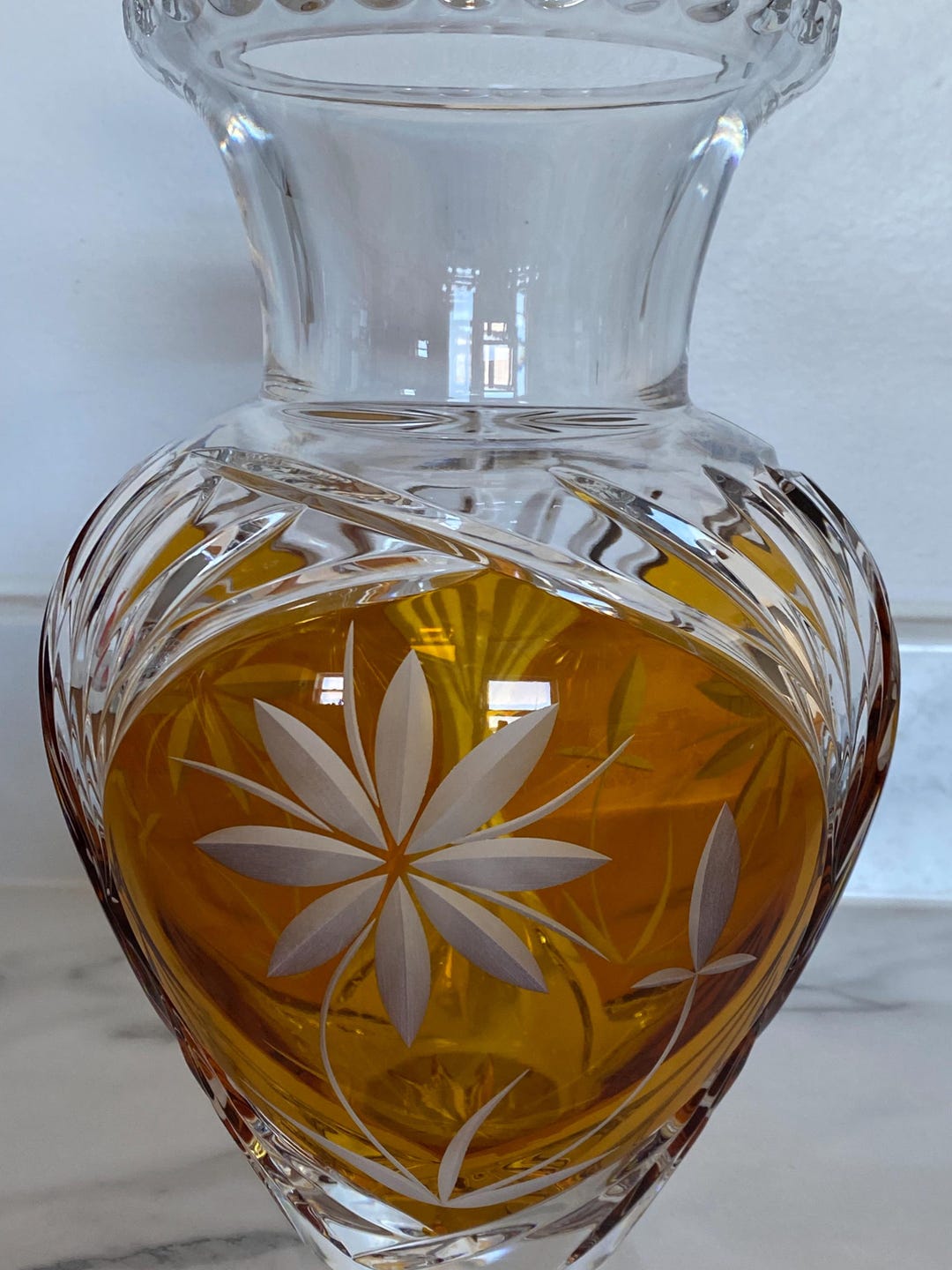 Vintage Amber Cut Crystal Vase, Floral Etched Glass, MCM Decor, Hand ...