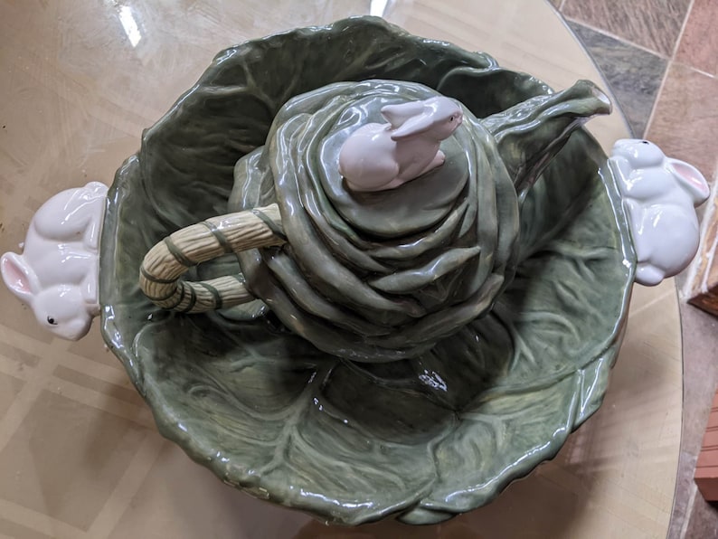 Majolica Porcelain Green Cabbage Bowl W/ 2 Rabbits and Tea Pot W ...