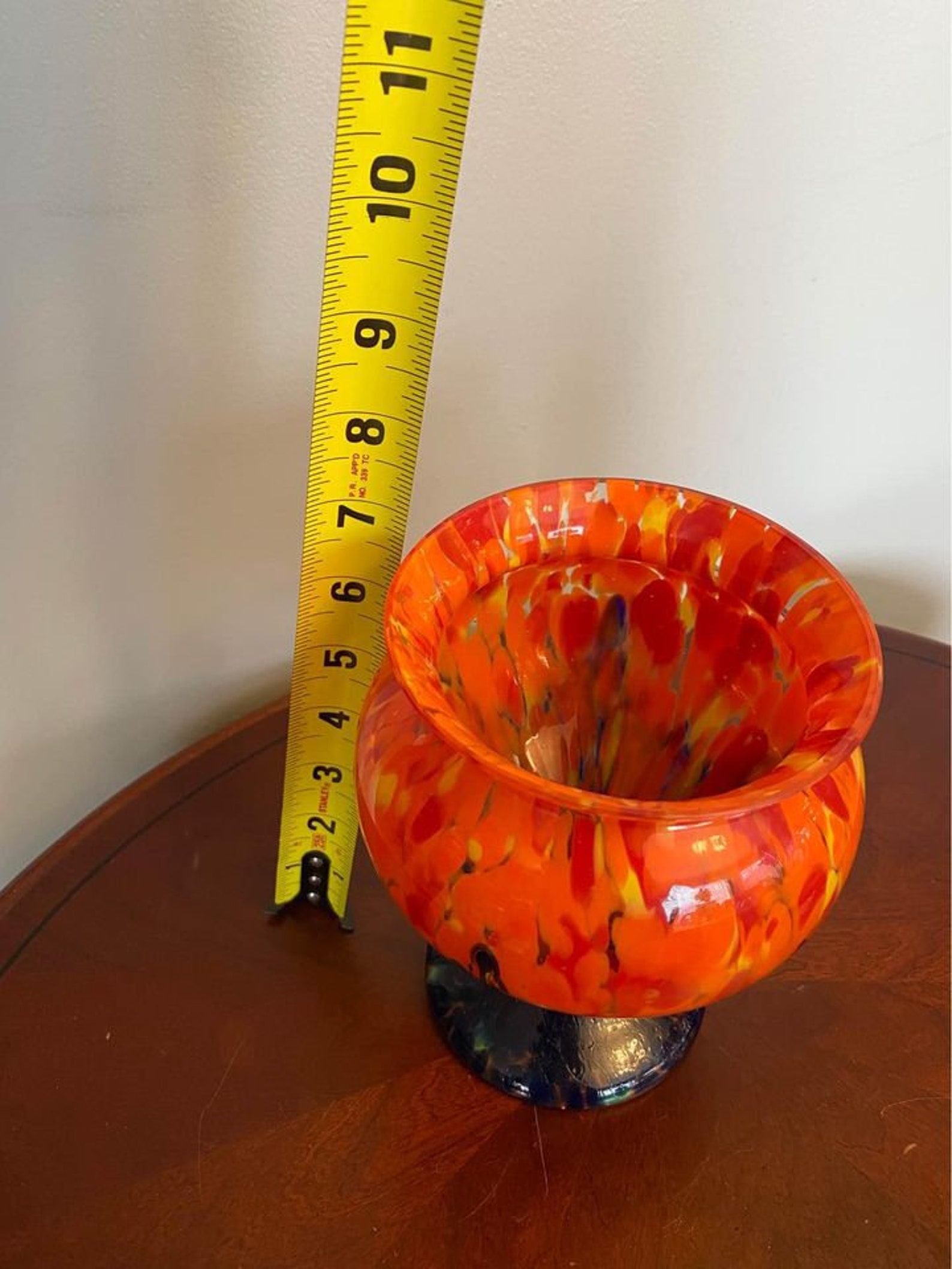 Czech Kralik 7” Orange Red End of the Day Spatter Vase, Footed Bowl ...