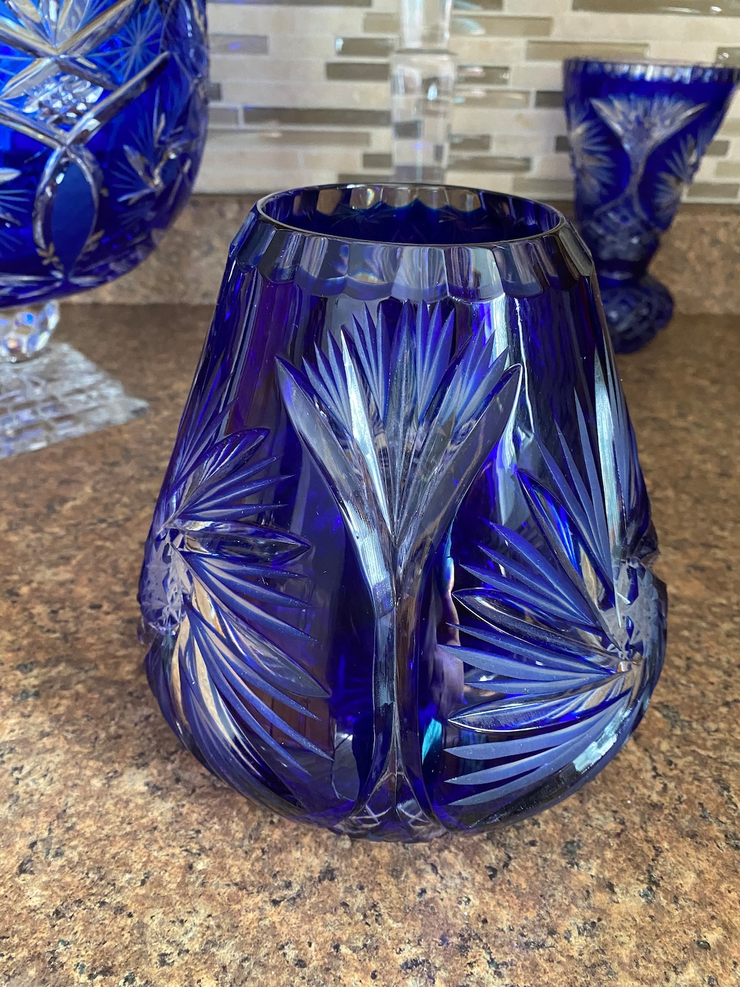 Vintage Heavy Bohemian Cobalt Blue Vase, Cut to Clear Crystal Vase ...
