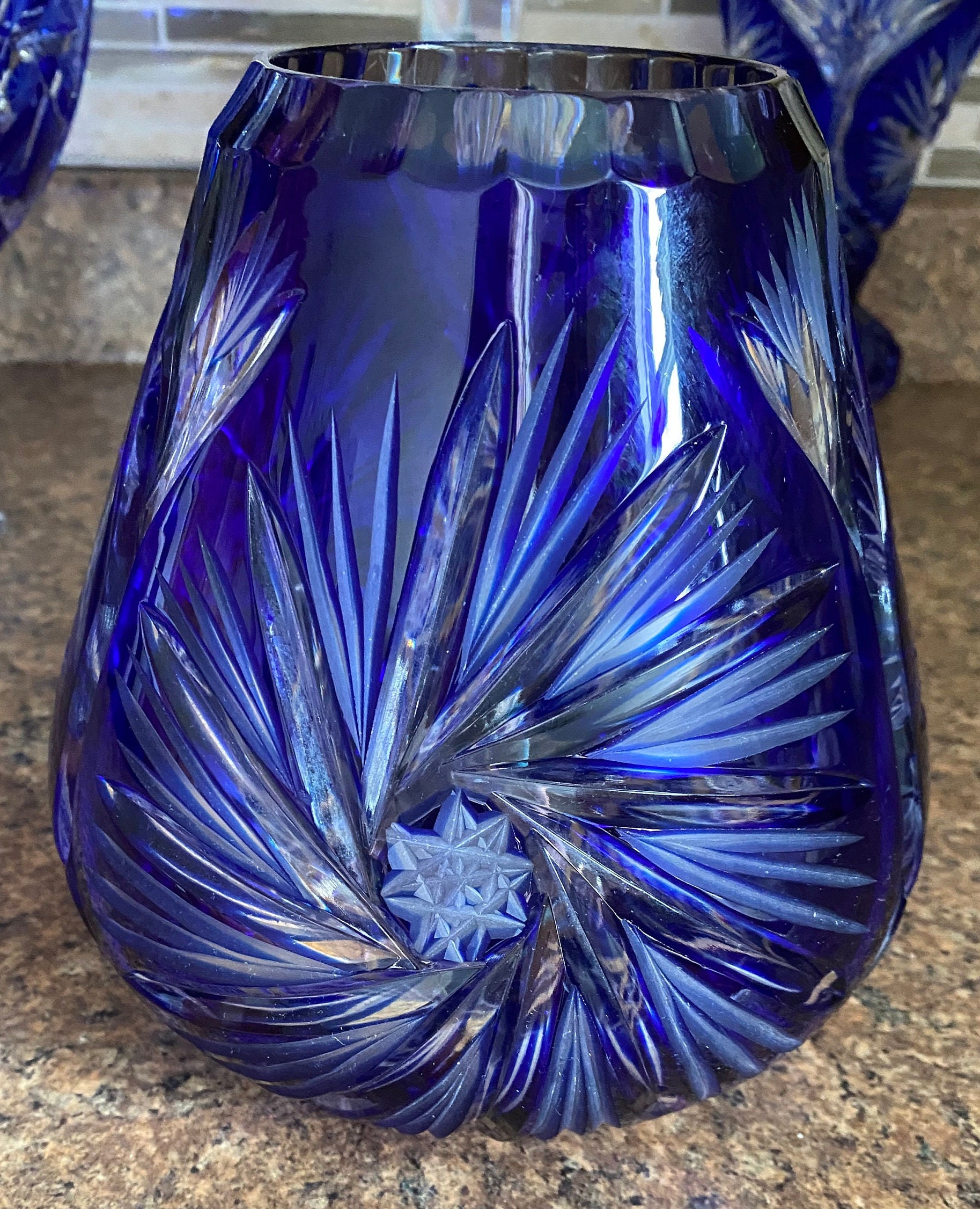 Vintage Heavy Bohemian Cobalt Blue Vase, Cut to Clear Crystal Vase ...