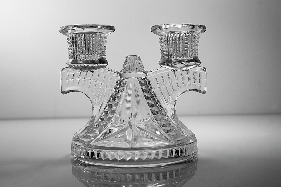 Double Candlestick, Federal Glass, Wigwam, Geometric, Clear Pressed ...