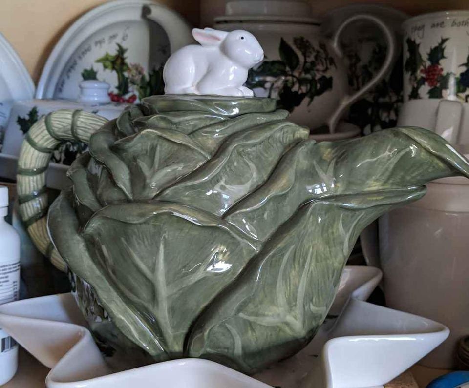 Majolica Porcelain Green Cabbage Bowl W/ 2 Rabbits and Tea Pot W ...