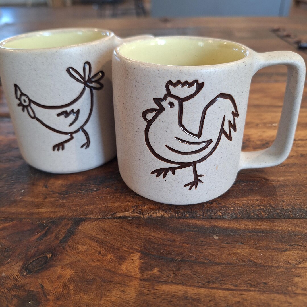 Vintage the Pigeon Forge Pottery Hen and Rooster Set of Mugs. Folk Art ...