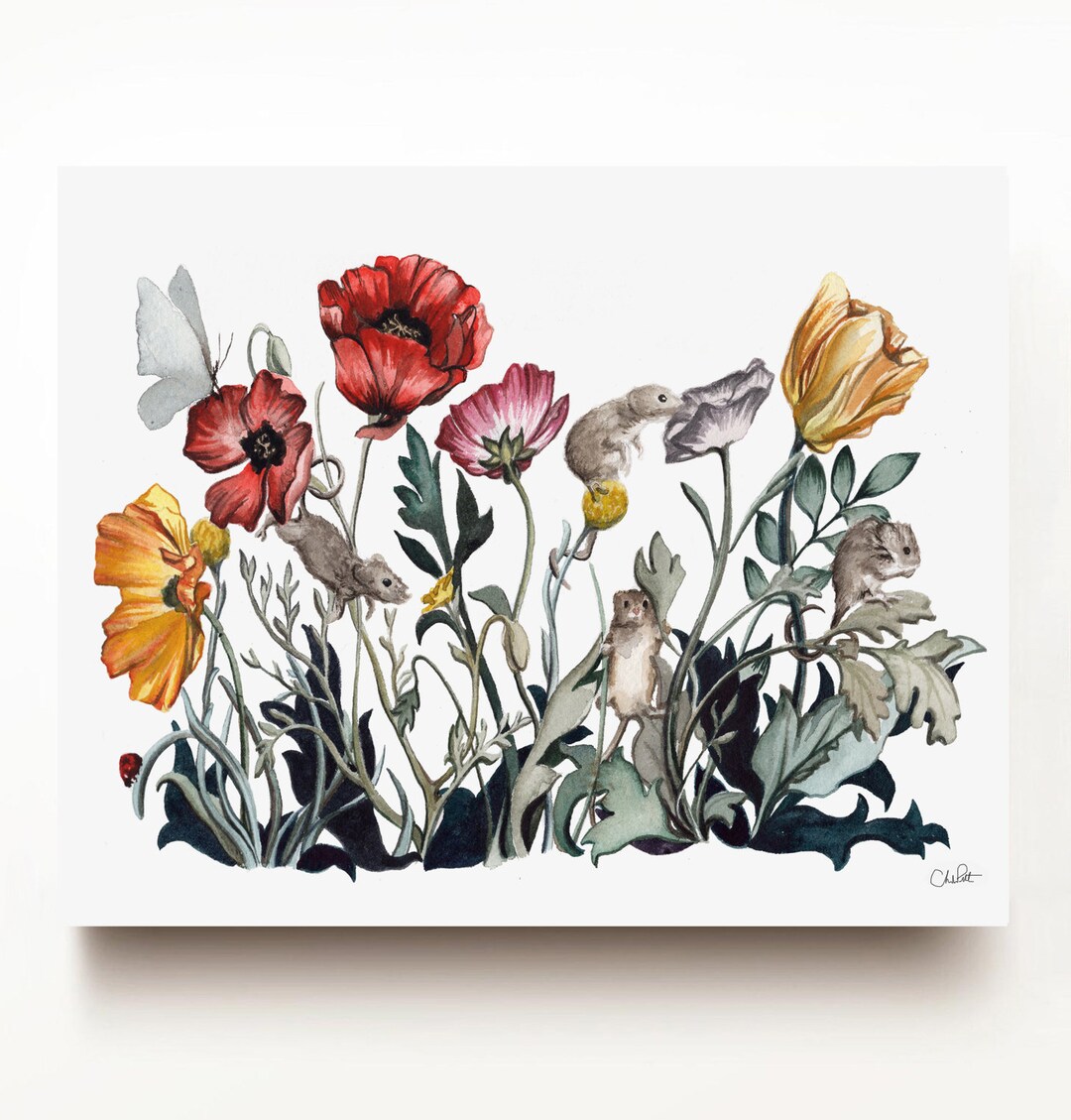 Field Mice in Spring Botanical Mouse Butterfly Flowers Drawing Decor ...