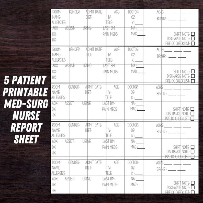 Five Patient Med-surg Nurse Report Sheet Digital Download - Etsy