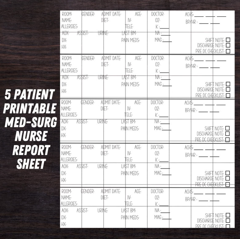 Five Patient Med-surg Nurse Report Sheet Digital Download - Etsy