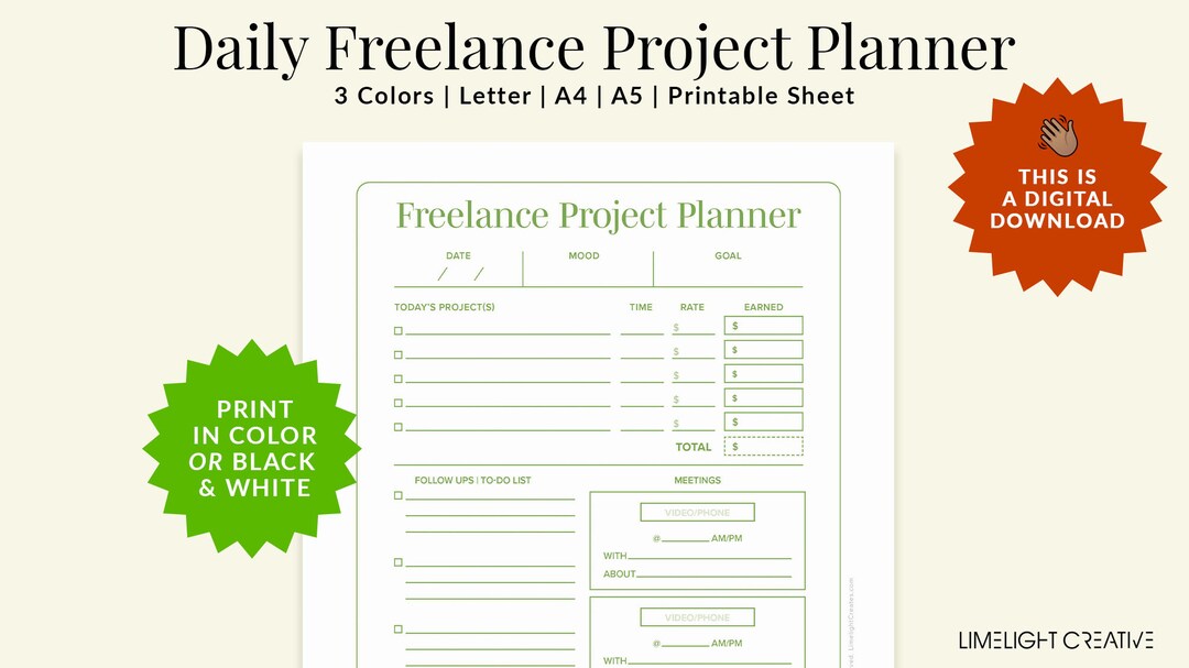 Daily Project Planner Printable, Hourly Planner, Freelance Projects ...