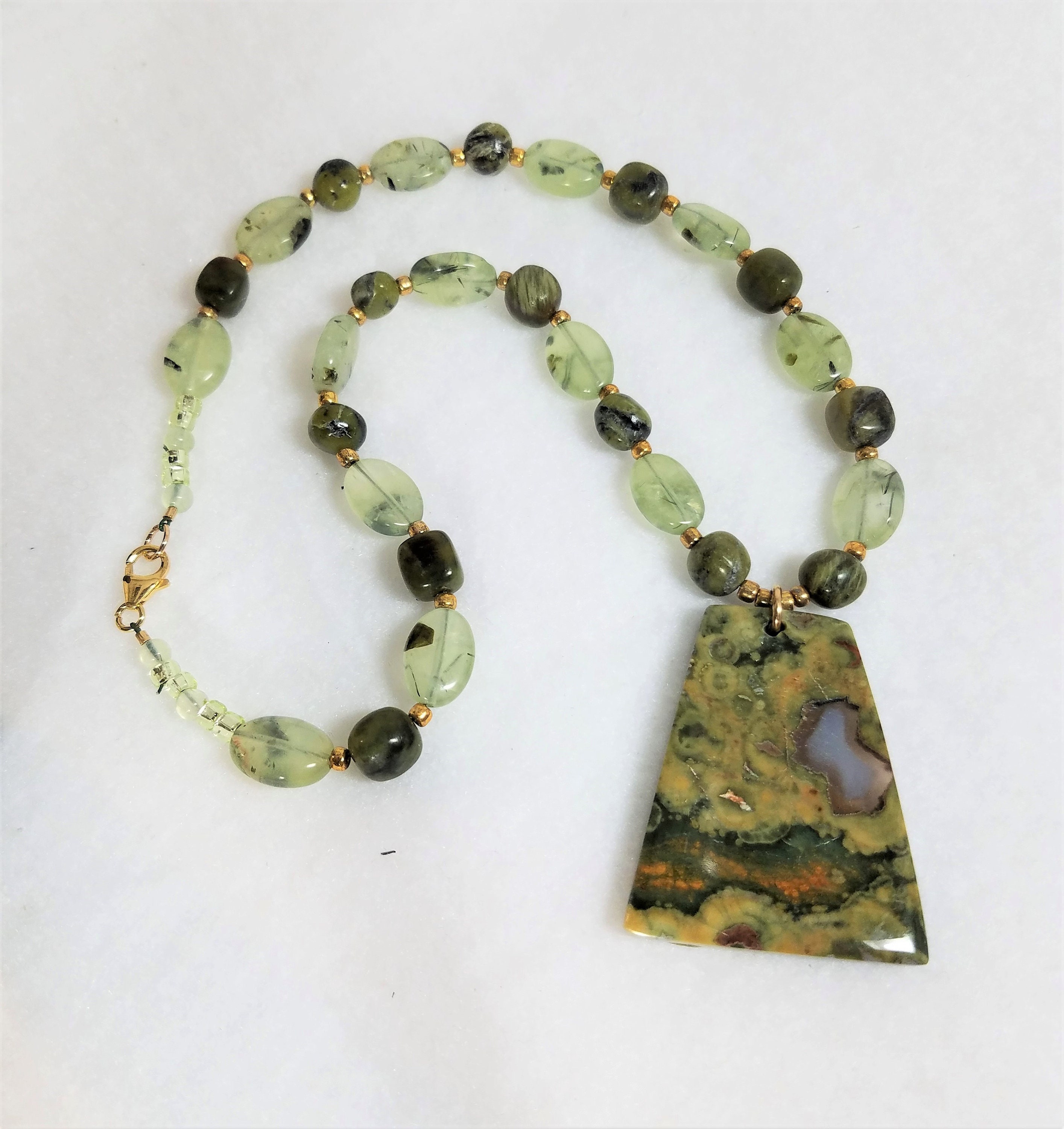 Rainforest Rhyolite and Rutilated Quartz Pendant Necklace Natural Stone ...