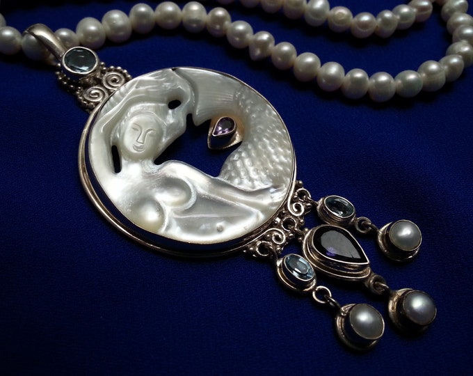 Rare Sajen Sterling Silver Mermaid Pendant, Carved Mother of Pearl ...