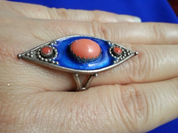 Rare sterling silver enamel coral Musi Hunt ring, blu… - Gem