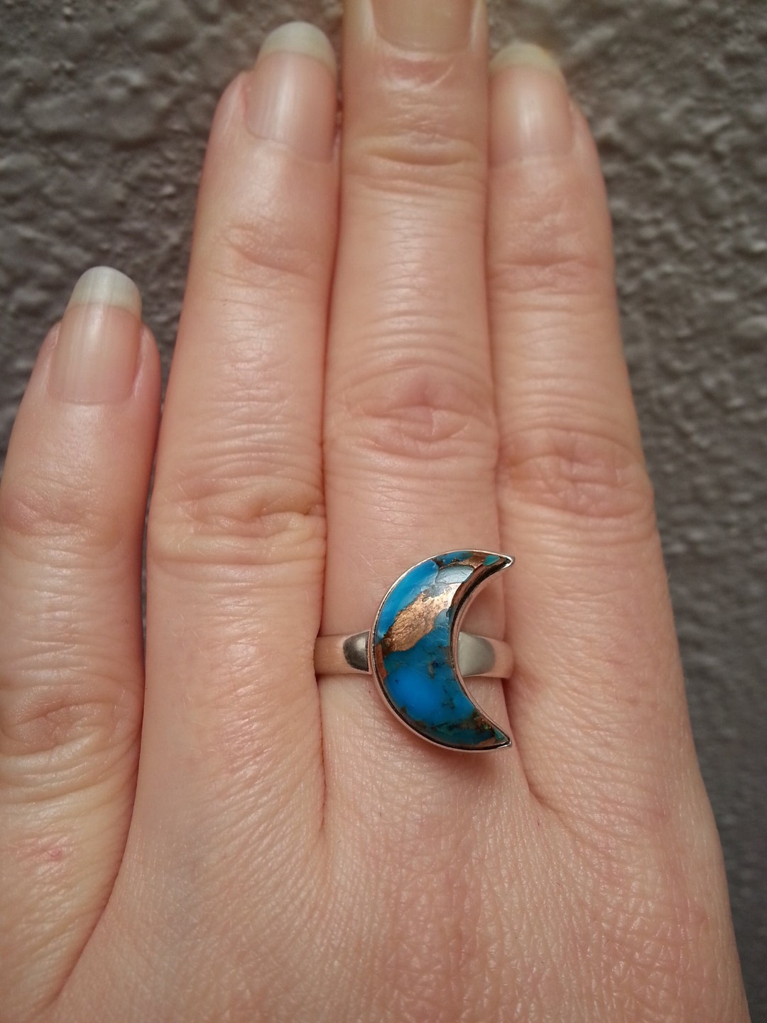 RESERVED Charming Sterling Silver Copper Turquoise Crescent Moon Ring ...