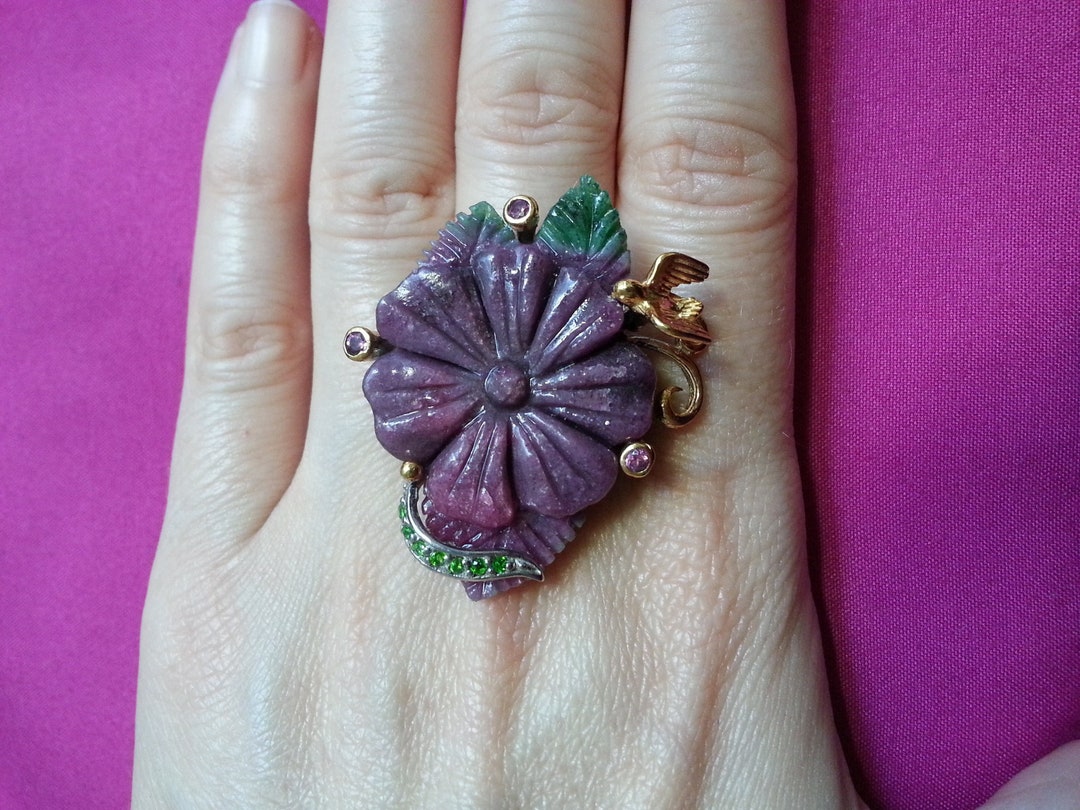Unique Sterling Silver Ruby Zoisite Hand-carved Flower Ring, 14k Gold ...