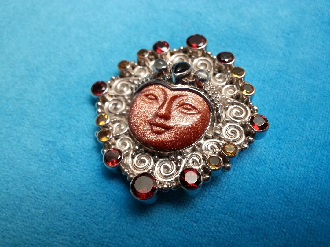 Striking Sajen Sterling Silver Brooch Pendant Goddess Sun Stone Hand ...
