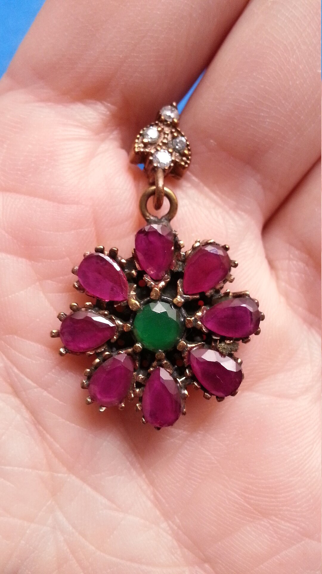 Beautiful Sterling Ruby Flower Pendant, Emerald-like Center, Victorian/antique Style Design ...