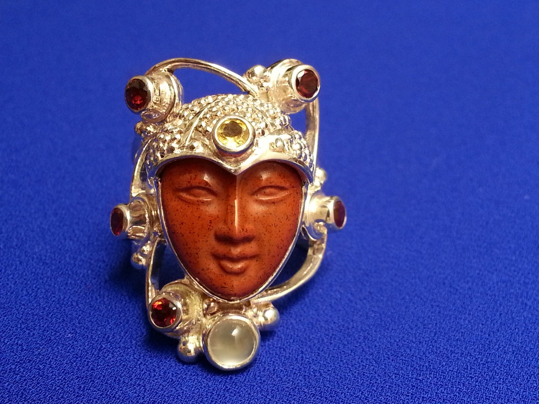Spectacular Sterling Silver Sajen Ring, Hand-carved Goddess, Red Jasper ...