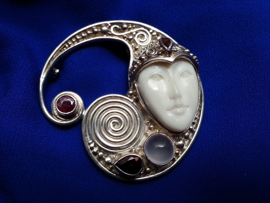 Striking Sajen Sterling Brooch Pendant Goddess, Hand-carved Bovine Bone ...