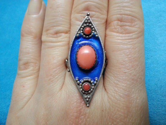 Rare sterling silver enamel coral Musi Hunt ring, blu… - Gem