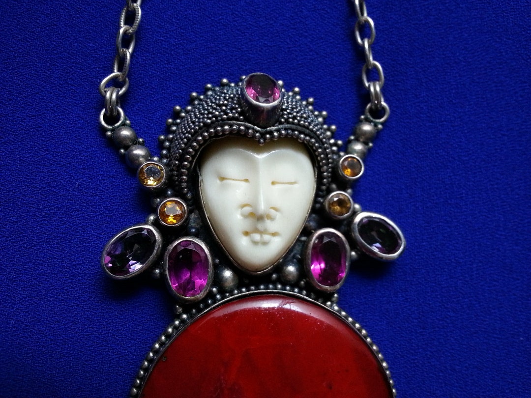 Unusual Sterling Necklace, Sajen-style, Hand-carved Bovine Bone Moon ...