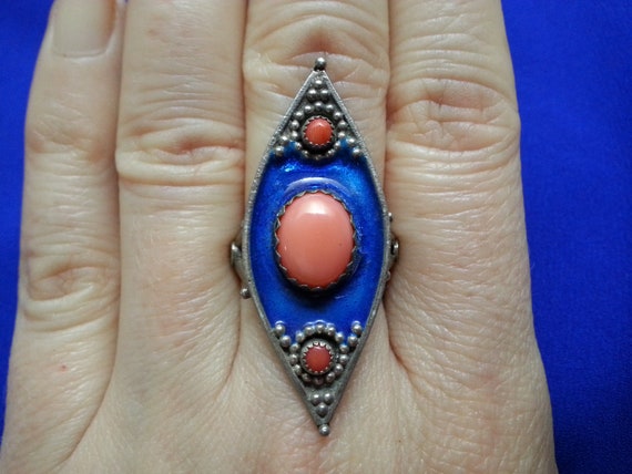 Rare sterling silver enamel coral Musi Hunt ring, blu… - Gem