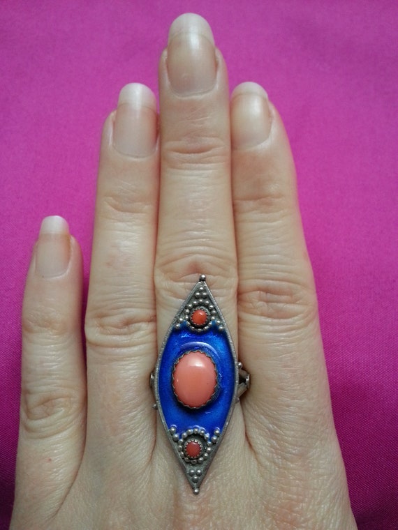 Rare sterling silver enamel coral Musi Hunt ring, blu… - Gem