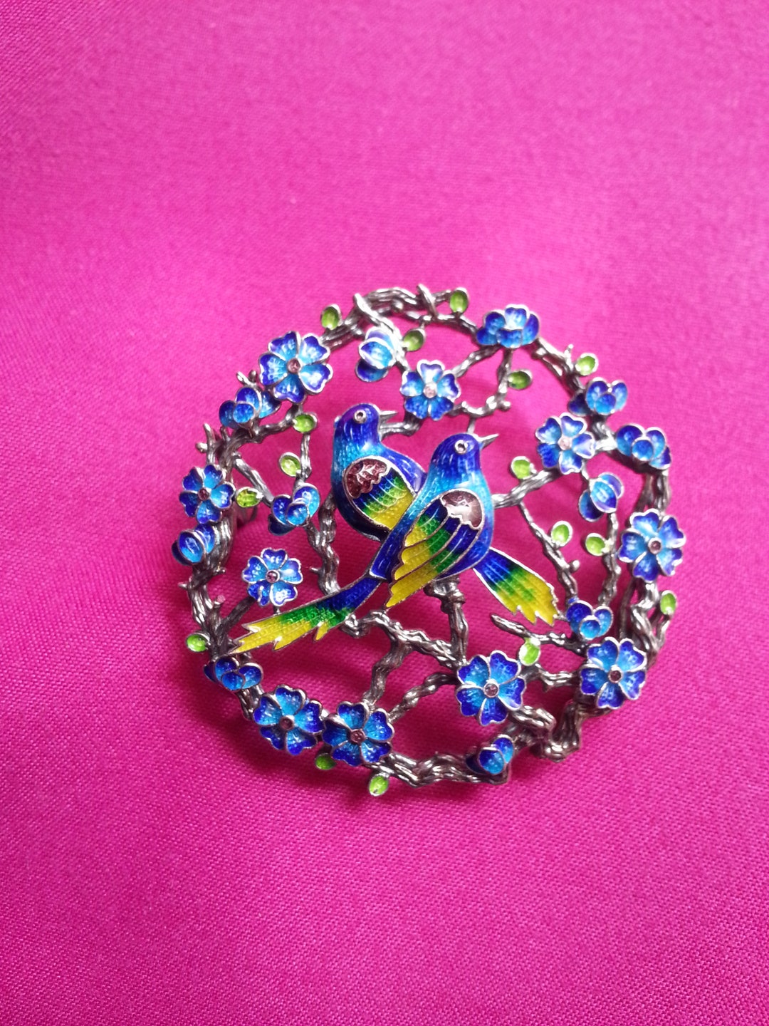 Graceful Unusual Sterling Silver Enamel Brooch and Pendant, Birds and ...