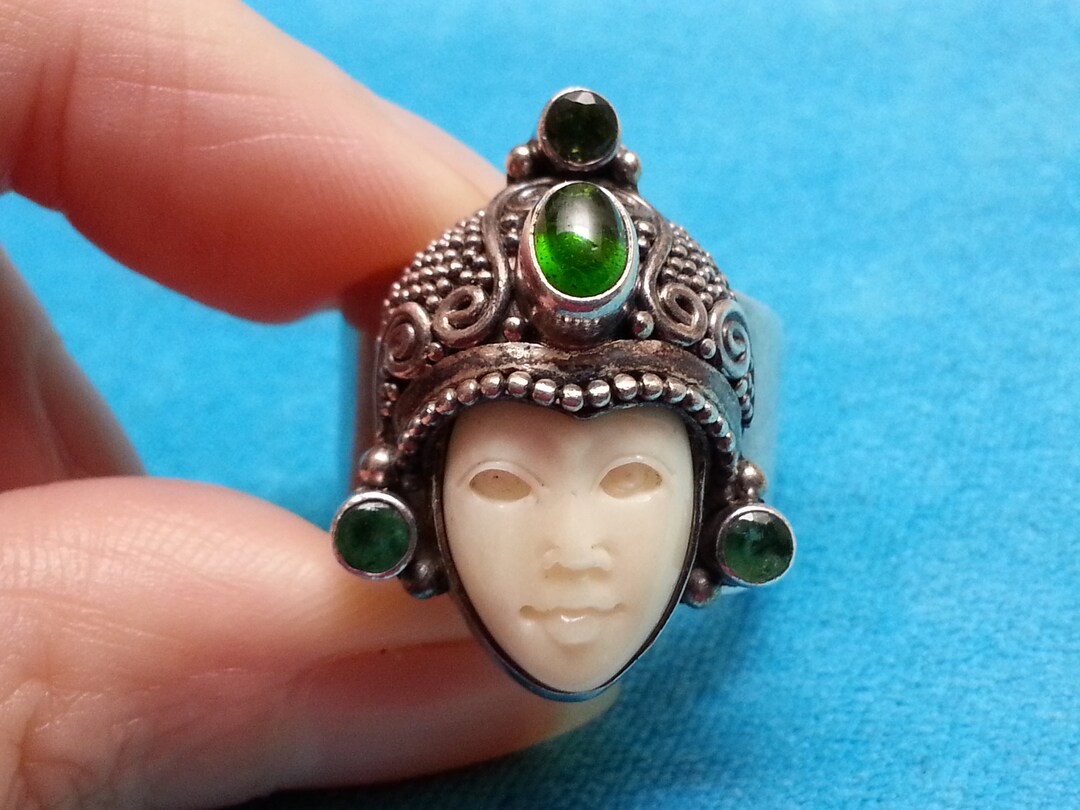 Beautiful Sterling Silver Sajen Ring, Goddess, Hand-carved Bovine Bone ...