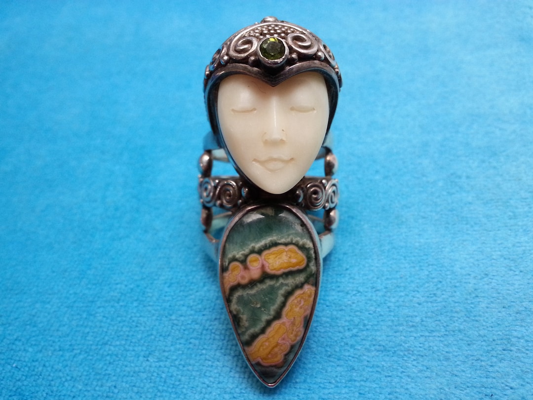 Beautiful Sterling Silver Sajen Ring, Goddess, Hand-carved Bovine Bone ...
