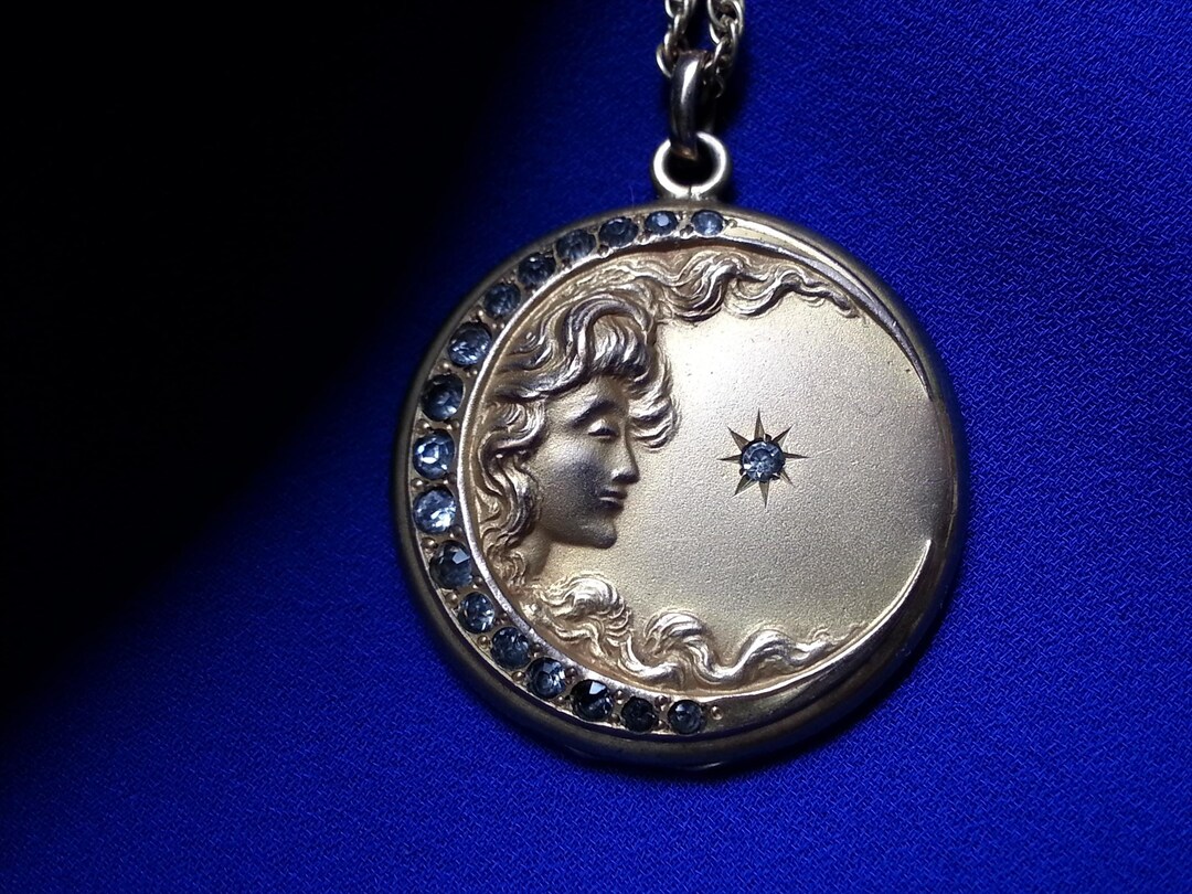 Antique Large Art Nouveau Locket Pendant, Lady Face on Crescent Moon ...