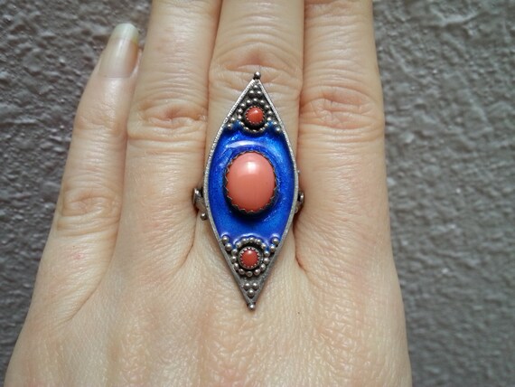 Rare sterling silver enamel coral Musi Hunt ring, blu… - Gem