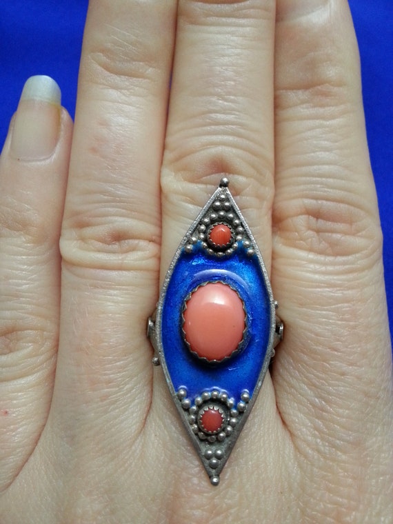 Rare sterling silver enamel coral Musi Hunt ring, blu… - Gem