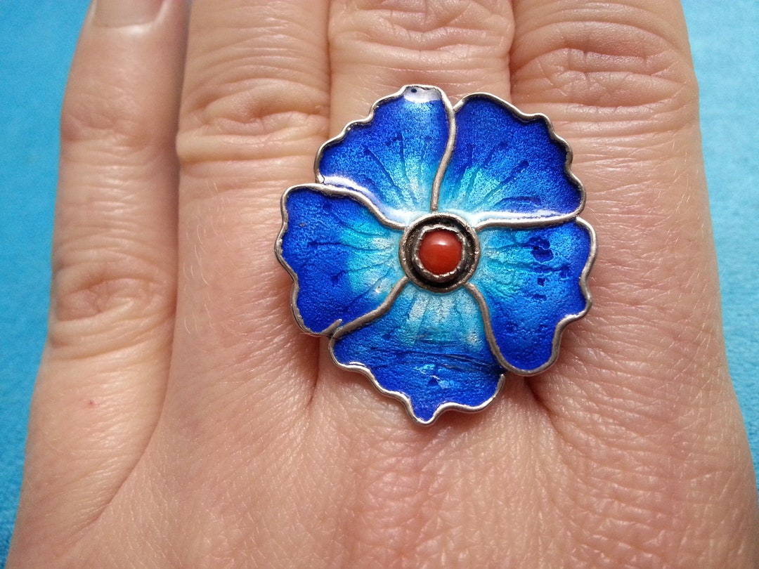 Gorgeous Sterling Silver Enamel Coral Musi Hunt Ring, Blue Cobalt ...