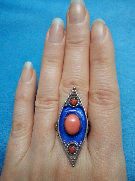 Rare sterling silver enamel coral Musi Hunt ring, blu… - Gem