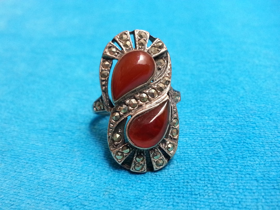 Classy Art Deco Style Sterling Silver Ring With Marcasites and Two ...