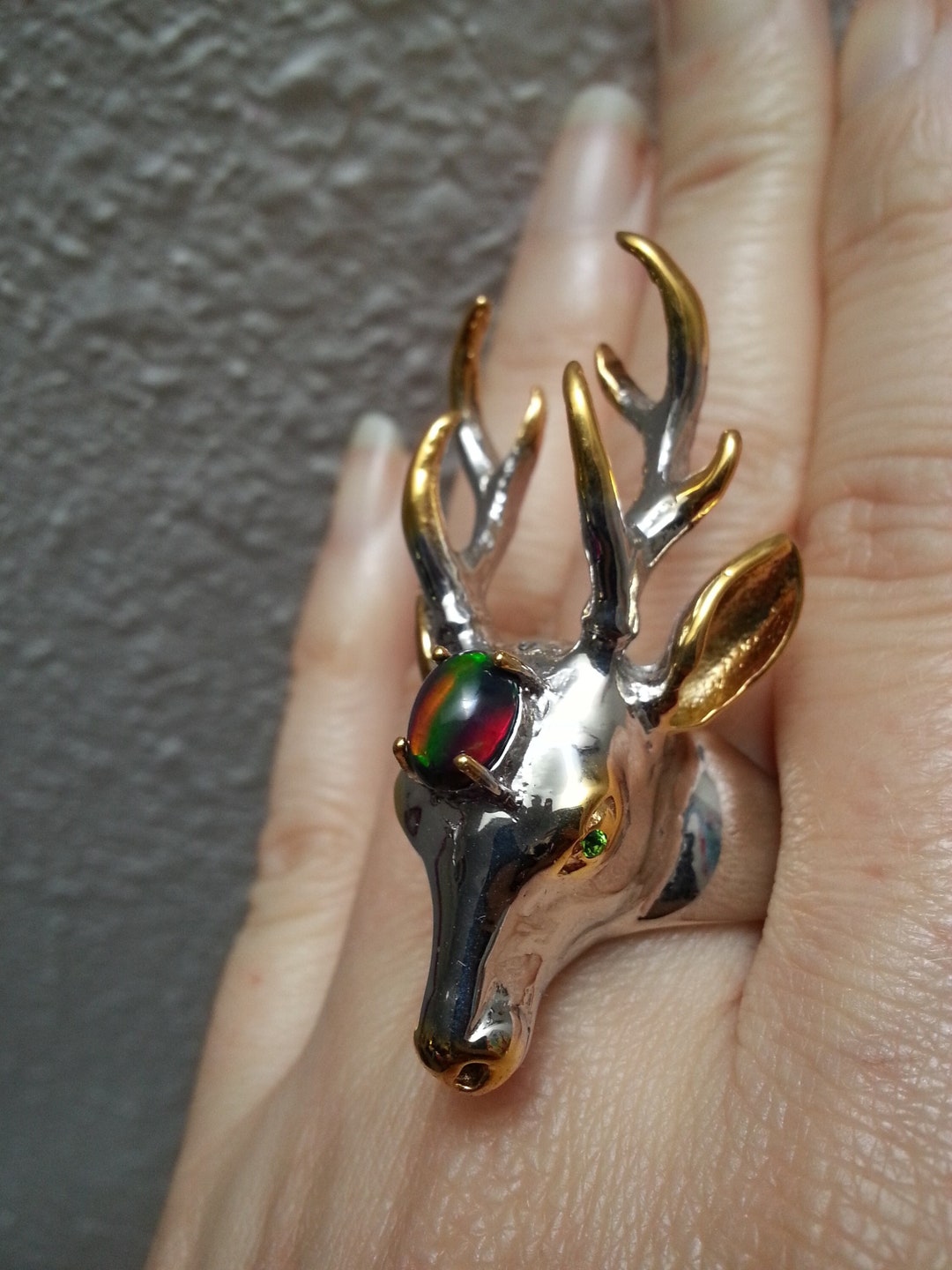 Spectacular Sterling Silver Gold-platted Stag Deer Ring, Fiery Opal ...