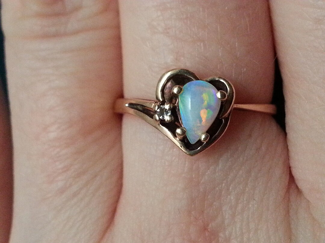 Delightful 10k Gold Opal and Diamond Ring, Teardrop Opal With Lively Fire, Tiny Diamond, Heart ...