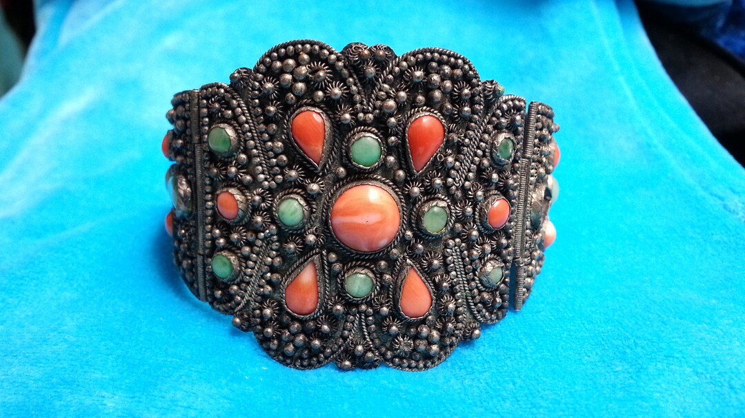 Masterful Silver Antique Chinese Cuff Bracelet With Natural Red Coral ...